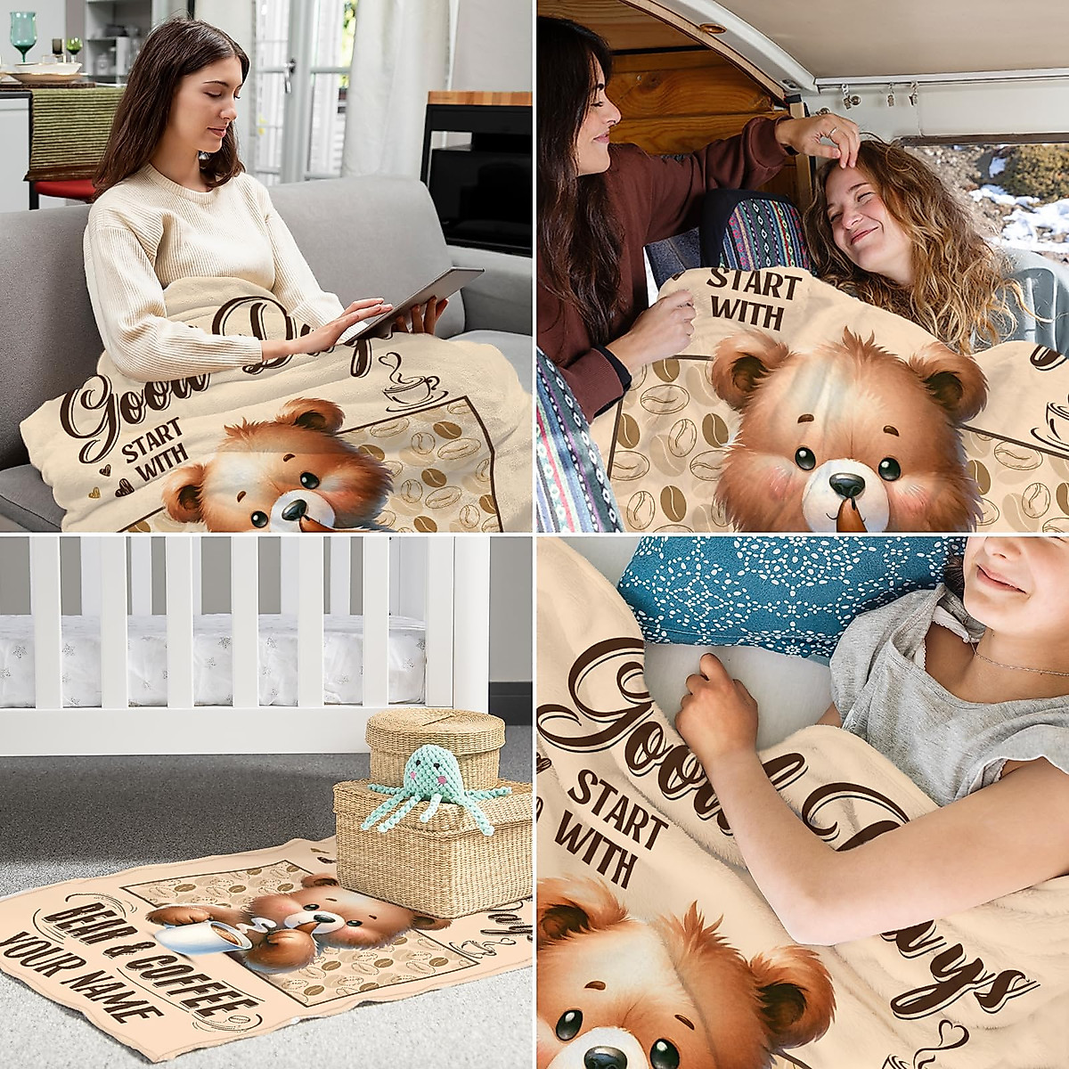 Customized Bear Blanket for Teens - Soft Warm Coffee Throw Blanket with Name - 50" x 60" Inches Blankets for Couch - Funny Throws Gift