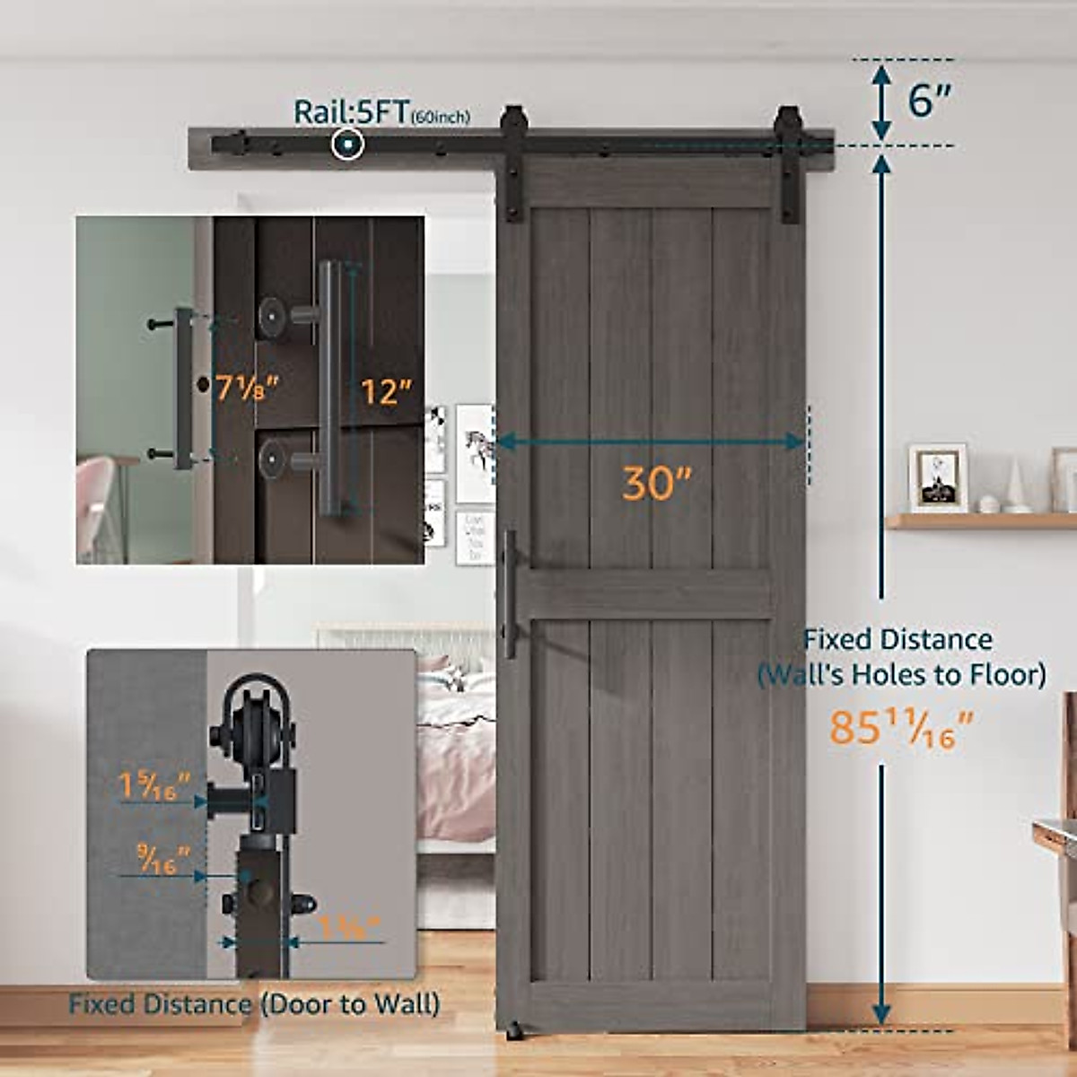 ALAMEDADT 30''x84'' Sliding Barn Door with 5 Ft Barn Door Hardware Kit& Handle& Floor Guides,Pre-Drilled Holes Easy Assembly - Include Installation Manual, Water-Proof PVC Surface, H-Frame, Grey