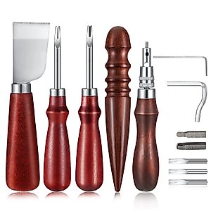 5 Pieces Leather Knife Set Includes 7 in 1 Leather Groover Tool 2 Pieces Leather Edge Beveler Leather Cutting Knife Sandalwood Leather Craft Device, Handle Leather Tools for DIY Leather Craft Cutting