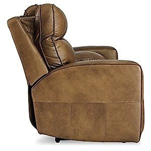 Signature Design by Ashley Game Plan Contemporary Tufted Leather Power Reclining Loveseat with Console and Adjustable Headrest, Light Brown