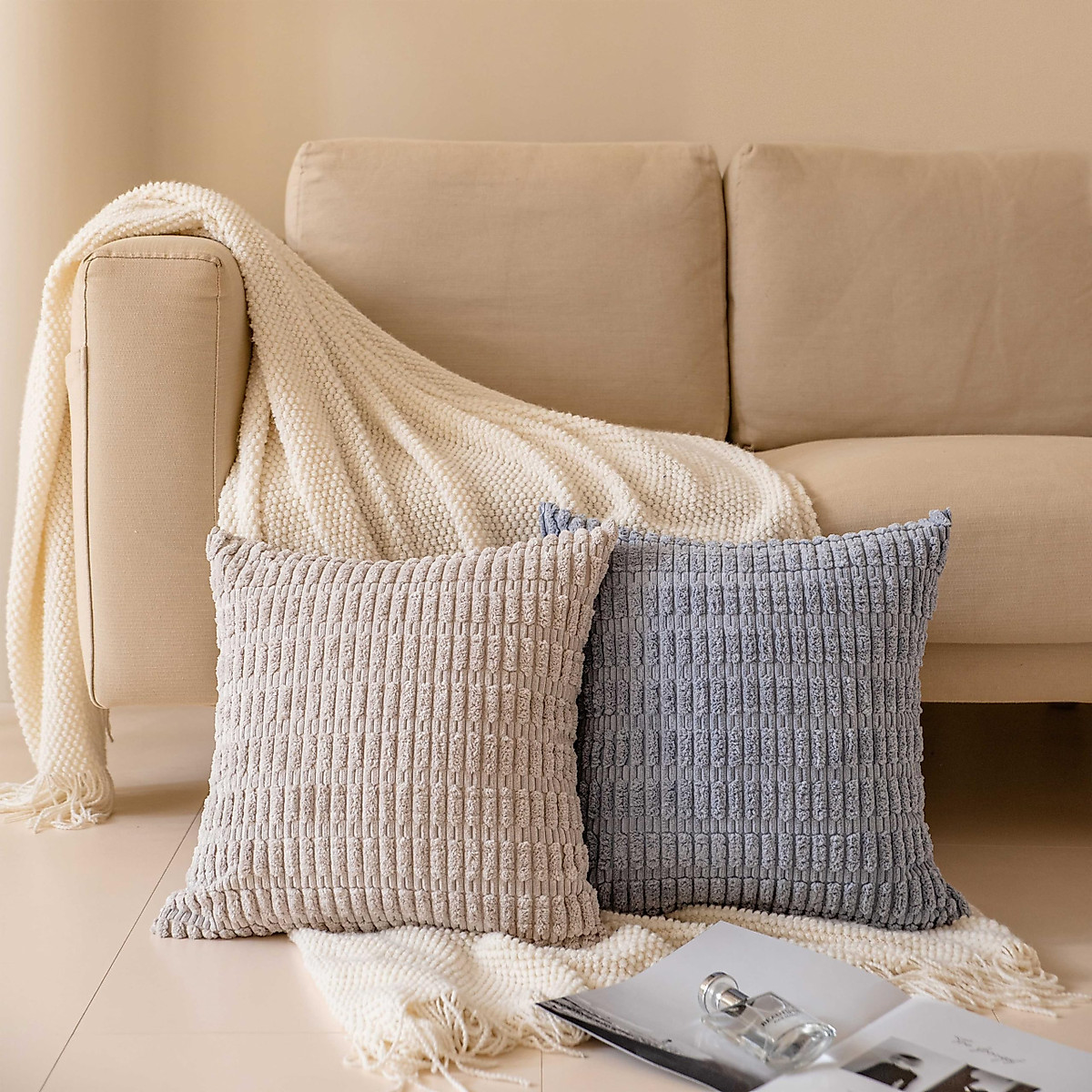 Softalker Throw Pillow Covers 18x18 Inch, Set of 4, Corduroy Soft Striped Farmhouse Boho Pillow Cover, Modern Decorative Cushion Pillow Case for Couch Sofa Bedroom Living Room, Grey/Blue