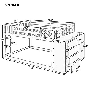 Full Over Full Bunk Bed with Storage Drawers and Shelves Wood Floor Bunk Beds with Cabinet for Kids Girls Boys, Teens, Adults, White