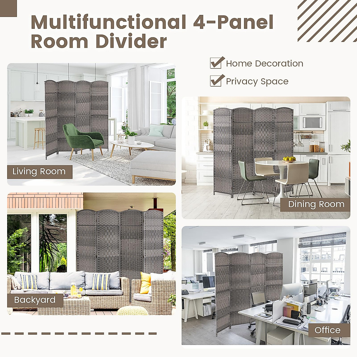 Giantex Room Divider 4 Panel, 6FT Tall Folding Privacy Screen with Solid Wood Frame, Hand-Woven Texture, Fully Assembly, Freestanding Wall Partition Room Dividers for Bedroom Office Patio