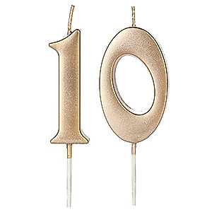 Champagne Gold 10th Birthday Candles for Cake, Number 10 1 Glitter Candle Party Anniversary Cakes Decoration for Kids Women or Men