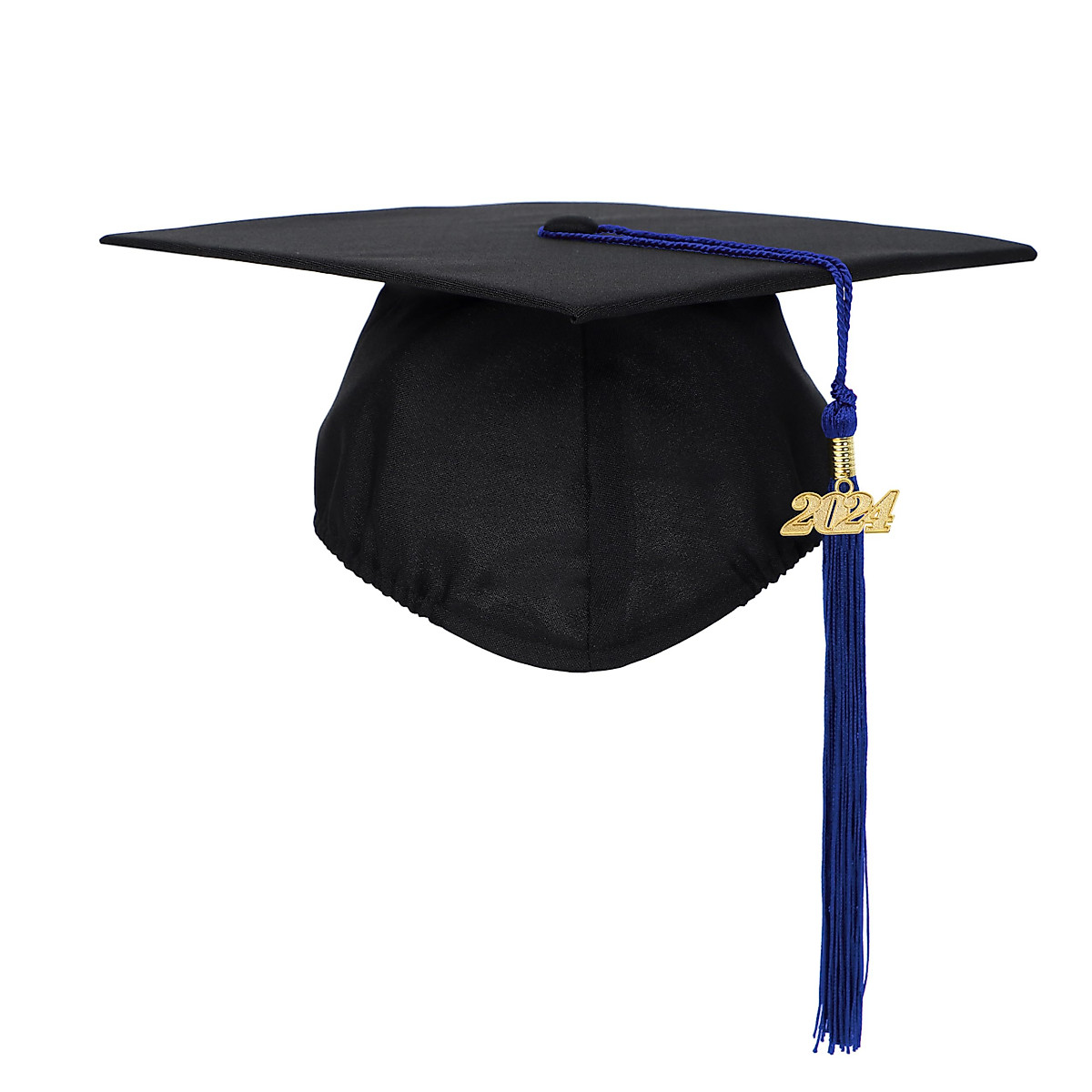 FtyFty Unisex Adult Matte Graduation Cap with Tassel Year Charm (Black with royal)
