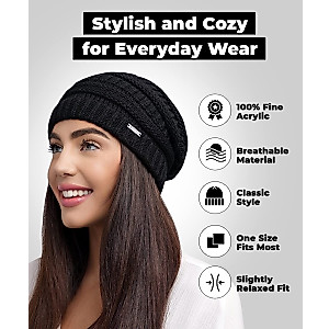 Women’s Soft Warm Stretchy Trendy Chunky Knit Beanie - Stylish Cable Knit Beanie Skully for Fall Winter Weather Black