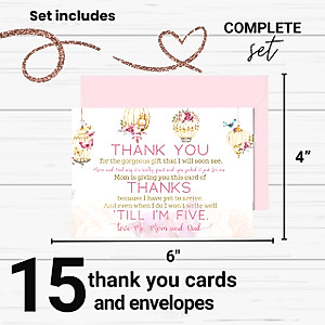 Fancy Floral Baby Shower Thank You Cards with Envelopes Blank Notes Prefilled Message Girls Personalize for Registry Gifts Pink Butterfly and Floral Notecard Set 4x6 Stationery, 15 Pack