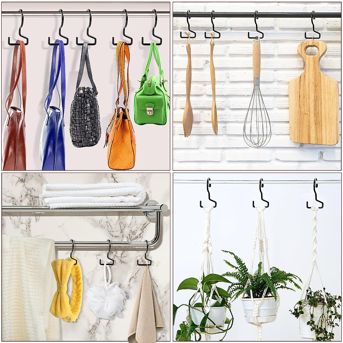 12 Pack Purse Hanger for Closet, 4 Inch Closet Purse Organizer Bags Hanger Purse Hooks,Vinyl Coated Black Closet S Hooks for Hanging Clothes, Hat, Belt, Backpack, Scarves, Jeans, Pans and Pots