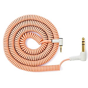 MyVolts Candycord Audio Cable, Angled Mini Jack to Angled Large Jack, Curly 100cm to 200cm, Sunset Peach Colour