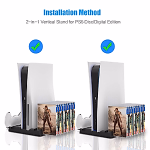 ECHZOVE PS5 Stand with Controller Charger and Cooling Fan, PS5 Digital/Disc Version Stand, PS5 Controller Charger with USB C Cable, PS5 Cooling Stand - White