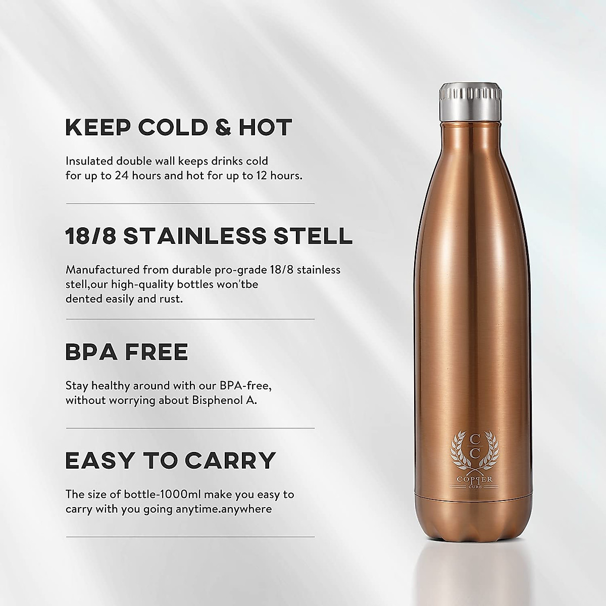 Stainless Steel Double Walled Water Bottle, Vacuum-Insulated Water Thermos 750 ML Copper