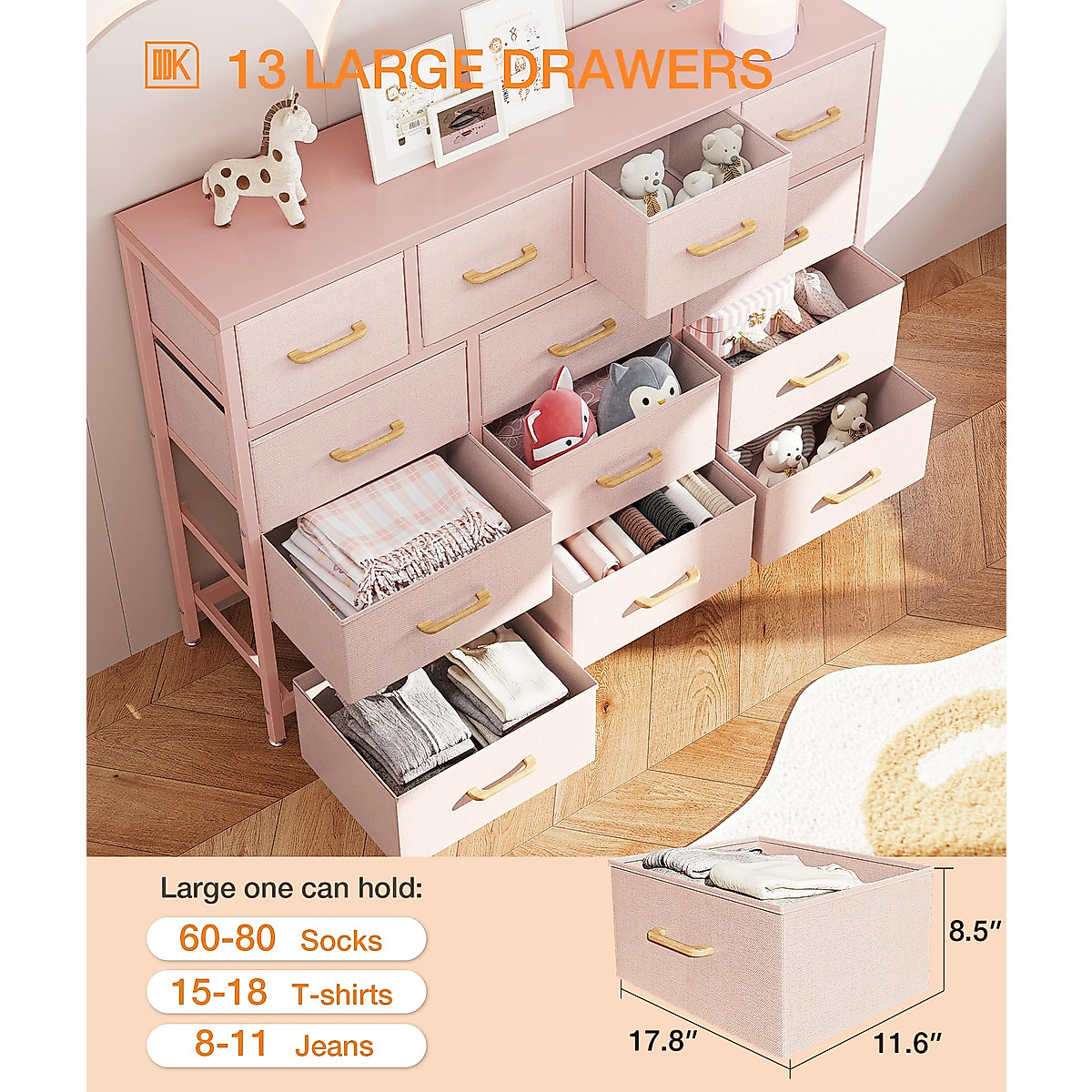 ODK Dresser with Charging Station, 57-Inch Long Dresser TV Stand for Bedroom, Large Dresser with 13 Storage Drawers, Chest of Drawers Easy-Pull Fabric Dressers for Living Room, Pink