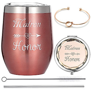 Matron of Honor Gifts Set Include 1 Stainless Steel Rose Gold Insulated Wine Tumbler 1 Champagne Makeup Mirror 1 Knot Bracelet 1 Straw and 1 brush for Bridal Shower Wedding Bridesmaid Proposal Gift