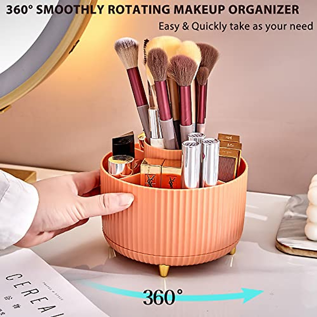 Makeup Brush Holder Organizer,360° Rotating Make up Organizer Storage,5 Slot Makeup Brushes Cup,for Vanity Decor,Bathroom Countertops,Desk Storage Container,Cosmetic Display Cases