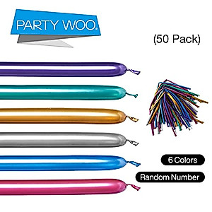 PartyWoo Metallic Twisting Balloons, 50 pcs Long Balloons 260Q Modelling Balloons in 6 Metallic Colors, Magic Balloons Animal Balloons for Children's Party, Carnivals, Jungle Party