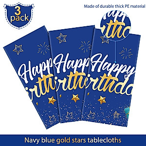 Tegeme Navy Blue Party Supplies Blue Stars Happy Birthday Tablecloths Blue Starry Confetti Table Covers for Kids Boys Girls Baby Shower Birthday Party Decorations (Navy Blue and Gold, 3 Pack)