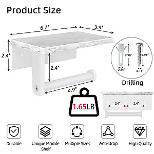 Gypie Toilet Paper Holder with Natural Marble Shelf, 304 Stainless Steel Screw Wall Mounted, Tissue Roll Paper Holder Dispenser for Bathroom Washroom White