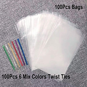 Cello Cellophane Treat Bags, 8 X 12 Inches Big OPP Clear Plastic Bags For Bakery, Popcorn, Cookies, Candies, Dessert with 6 Colors Twist Ties(100 Pieces Bags + 100 Pieces Twist Ties) (100, 8 X 12)