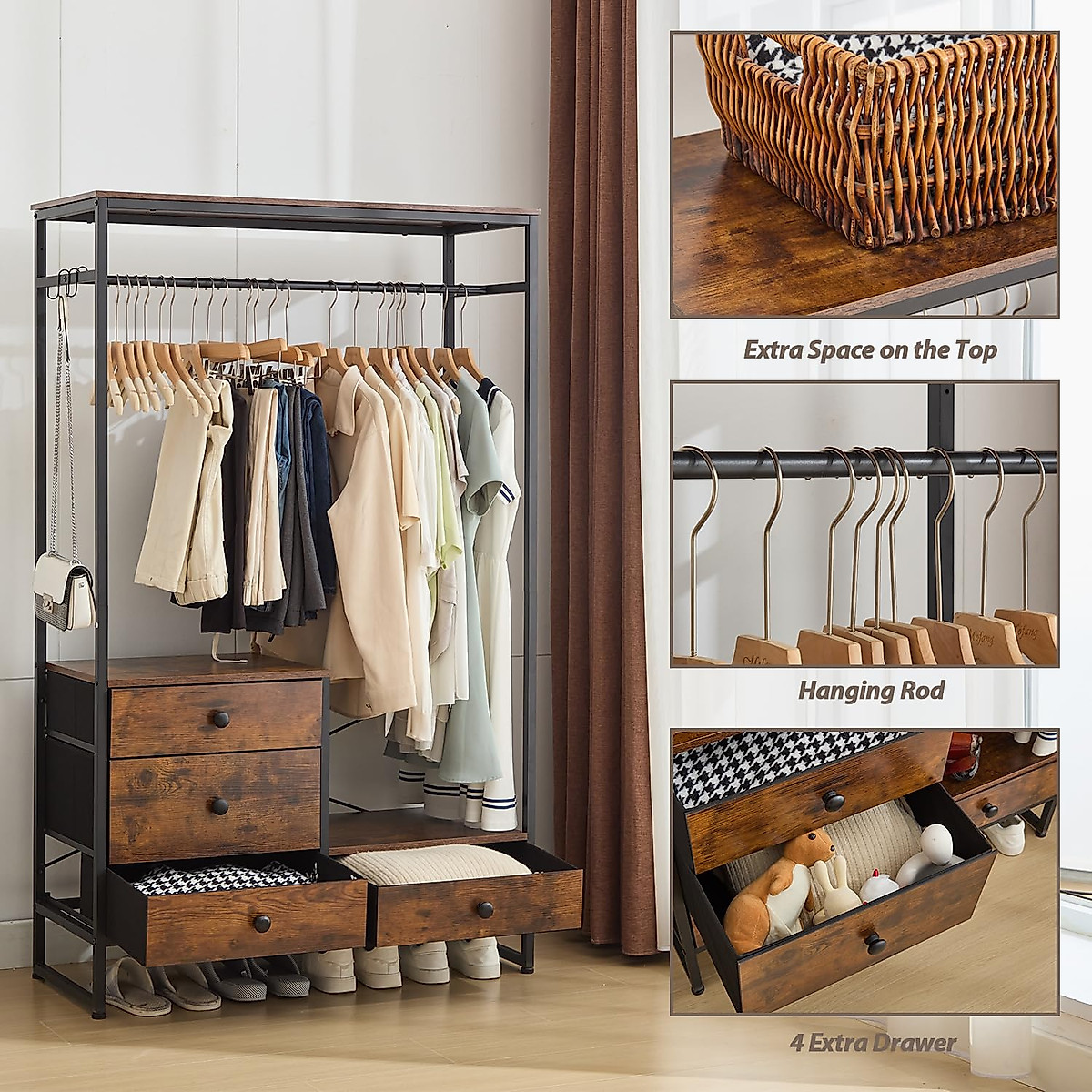 YIGOBUY Heavy Duty Garment Rack with Drawers Clothes Rack for Hanging Clothes, Industrial Clothing Racks with Shelves, 4 Fabric Drawer, Freestanding Closet Organizer, Rustic Brown