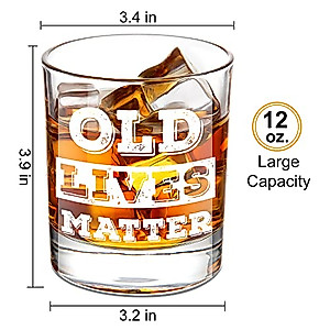 LIGHTEN LIFE Old Lives Matter Whiskey Glass 12 oz,Rock Glass in Valued Wooden Box,Funny Birthday or Retirement Gift for Grandpa,Dad ,Old Man,Old Fashioned Whiskey Glass