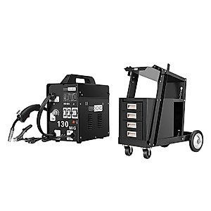 VIVOHOME Portable Flux Core Wire No Gas MIG 130 Welder Machine 110V Black with Iron Rolling Welding Cart with 4 Drawers Wheels and Tank Storage Combo Set