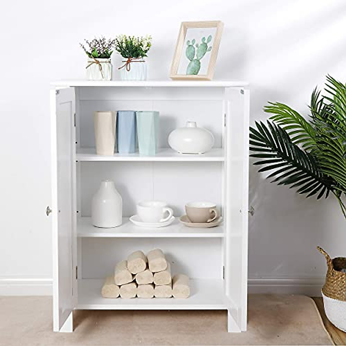 ZENY Bathroom Floor Storage Cabinet with Double Door + Adjustable Shelf, Wooden Organizer Cabinet for Living Room, Bathroom, Bedroom, Modern Home Furniture, White