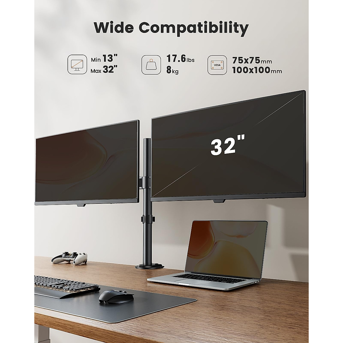 Ergear Dual Monitor Stand for 13 to 32 inch, Heavy Duty Fully Adjustable Monitor Stand for 2 Monitors, Dual Monitor Mount Fits up to 17.6 lbs per Arm, EGCM1