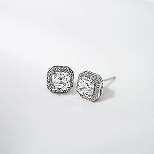 Amazon Collection Platinum Plated Sterling Silver Halo Earrings set with Asscher Cut Infinite Elements Cubic Zirconia (1 cttw)