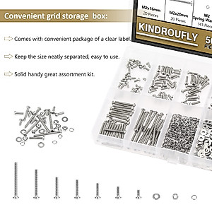 Kindroufly 562 Pieces M2 x 4/6 /8/10 /12/16 /20mm Button Head Socket Cap Screws Nuts Washers Assortment Kit, 304 Stainless Steel, Fully Machine Thread