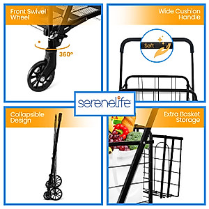 SereneLife Folding Grocery Utility Shopping Supermarket Cart with 360 Rolling Swivel Wheels, Double Basket, Large Capacity 110 lbs, Portable, Collapsible Compact Folding, for Grocery Laundry, Luggage