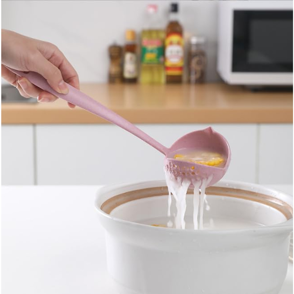 2 In 1 Kitchen Ladle Soup Pan Spoon with Filter Strainer (Pink)