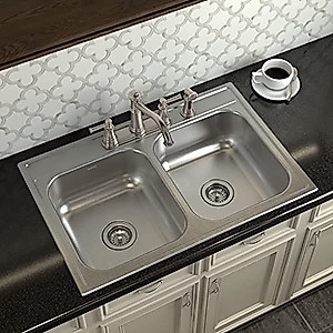 Moen GS182154Q 1800 Series 33-inch 18 Gauge Drop-in Double Bowl Stainless Steel Kitchen Sink, 7-inch Depth, Featuring QuickMount