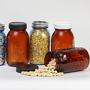 Jumterlee 6 Pack 32 oz Amber Mason Jars, Regular Mouth Mason Jars with Lids and Bands and 6 Black Plastic Mason Jar Lids, Amber Glass Mason Jars