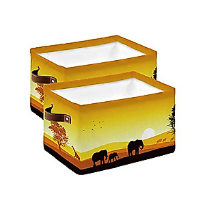 Storage Cubes Organizer with Handles, The Sunset Landscape of Elephant Giraffe Animal Storage Bins Fabric Collapsible Storage Baskets for Shelf Closet Nursery Cloth Organizers Box 2pcs-15x11x9.5in