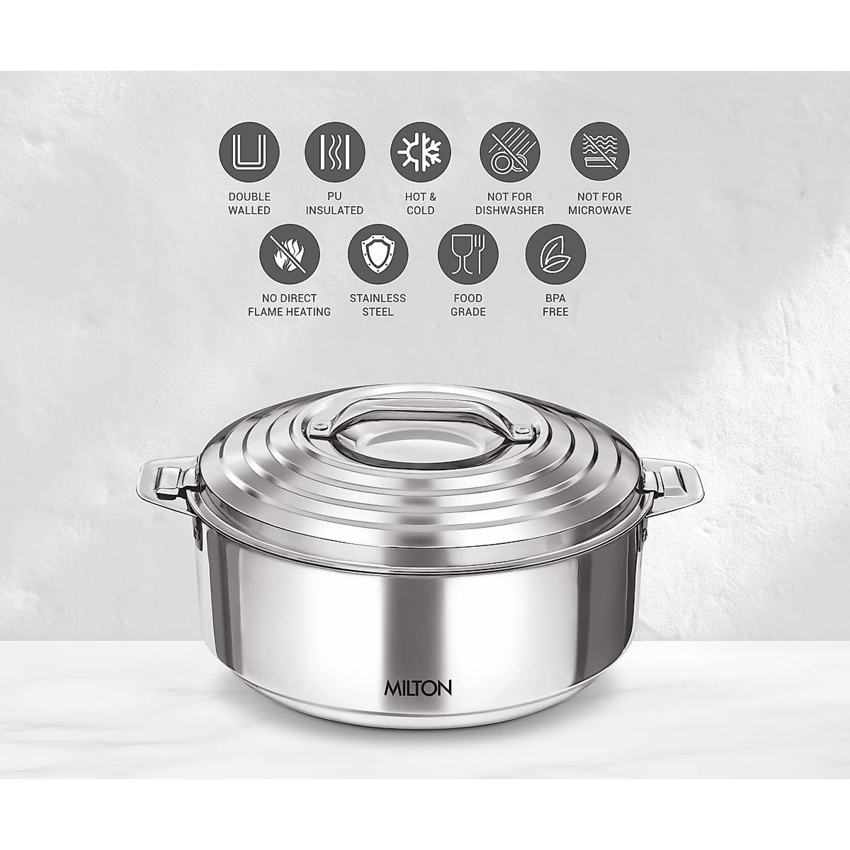 Milton Casserole for hot food, insulated stainless steel hot pot with lid, 84 oz (2500 ml) 2.6 qt, Serving box (bowl, dish) for food and roti Galaxia 2500 Food Warmer Cooler, Silver