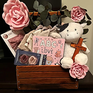 Baby Shower Crate Closet, Large Wooden Baby Basket with Handle, Baby Storage Crate Hamper, Baby Shower Gifts Crate, New Born Baby Gifts Basket for Boys Girls, Pregnancy Gifts for New Parents(Brown)