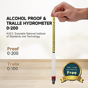 0-200 Proof & Tralle Alcohol Hydrometer Meter Test Kit,with Glass Test Jar,Accurate Tester & Glass Cylinder for Proofing Distilled Spirits & Moonshine Alcoholmeter Testing Set,Uporstvo