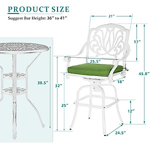 MEETWARM 2 Piece Outdoor Patio Swivel Bar Stools, All-Weather Cast Aluminum Bar Height Bistro Chairs, Outdoor Furniture Bar Dining Chair Set with Cushions for Garden Deck Backyard, White