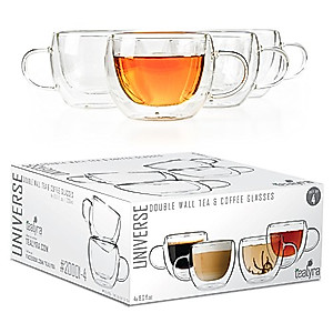 Tealyra - UNIVERSE 8-ounce - Set of 4 - Double Wall Glasses With Handle - Espresso Coffee - Tea - Cappuccino - Clear Cups - Heatproof Insulating - Keeps Beverages Hot - 230ml