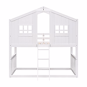 Merax Twin Over Twin House Bunk Bed with Ladder, Twin Wood Bed Frame with Roof Design, Bunk Bed for Teens, Boys and Girls, White