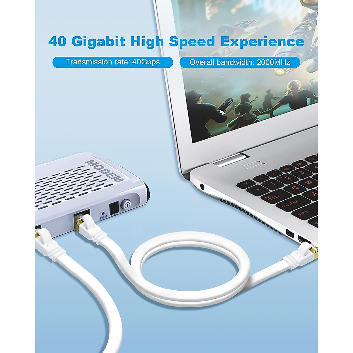 Yauhody CAT 8 Ethernet Cable 25 ft, High Speed 40Gbps 2000MHz Flat Heavy Duty Internet Cable with Gold Plated RJ45 Connector, Indoor&Outdoor Network Wire for Gaming,Router,Modem,PC,Laptop(White)