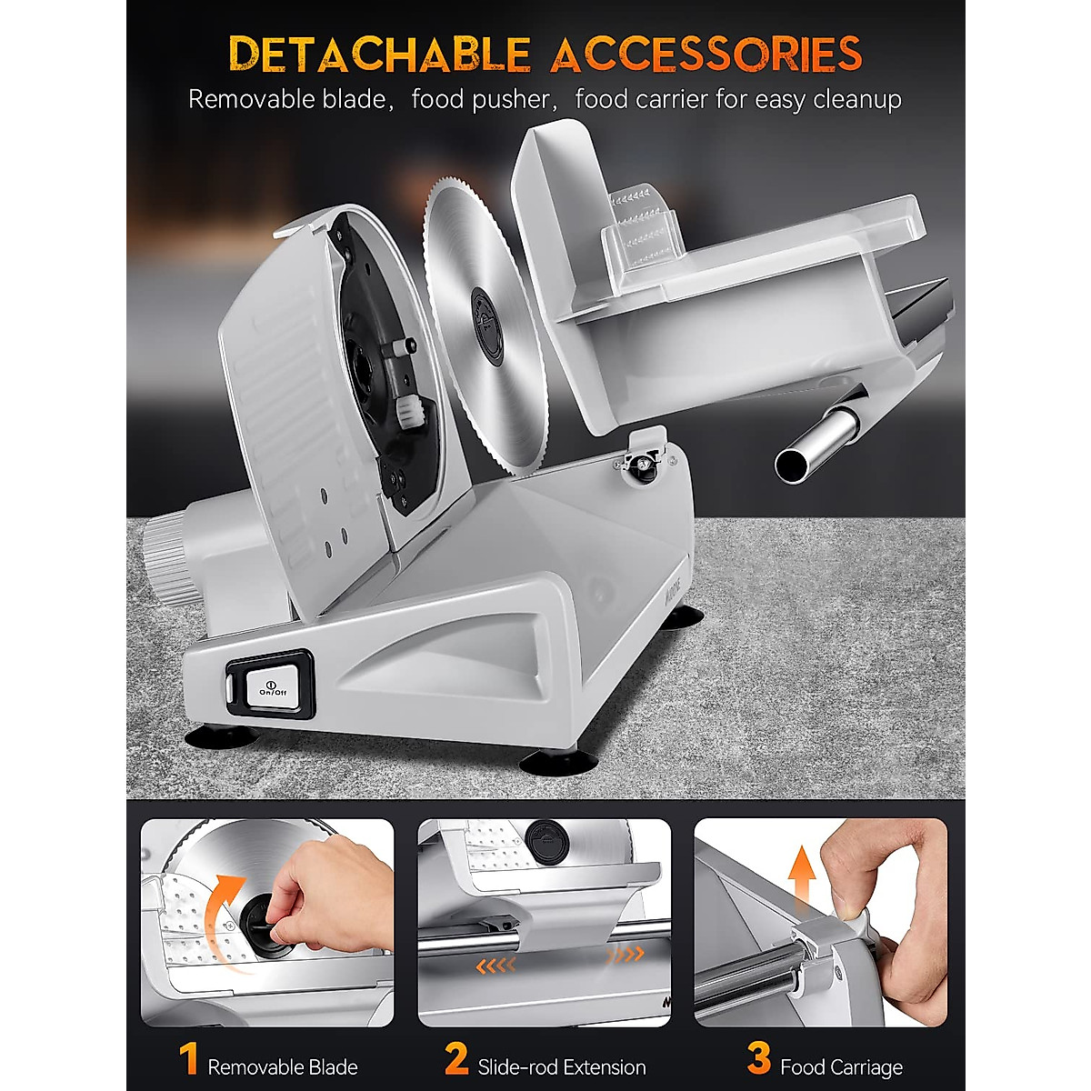 Meat Slicer Electric Deli Food Slicer with Removable 7.5’’ Stainless Steel Blade, Adjustable Thickness Meat Slicer for Home Use, Child Lock Protection, Easy to Clean, Silver, MIDONE