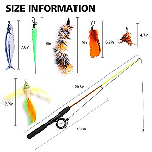 9 PCS Cat Fishing Pole Toy, Retractable Cat Feather Toys with Cat Wand Plush Fish Worm Feathers with Bells Catnip Interactive Cat Teaser Toys for Kitten Cat