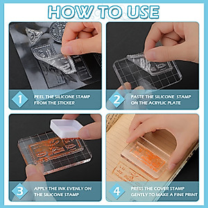 Yinder 7 Pcs Vintage Rubber Clear Stamps Set 4 Sheet Transparent Postage Silicone Stamps 3 Pcs Acrylic Stamp Block Tools with Grid Lines Rubber Craft Supplies for DIY Scrapbooking Journaling