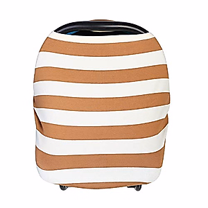 Baby Carseat Nursing Cover - Car Seat Cover for Baby Boys & Girls - All-in-1 Breastfeeding Covers - Stripe Multi Use Stretchy Stroller Covers - Storage Bag, Brown&Cream…