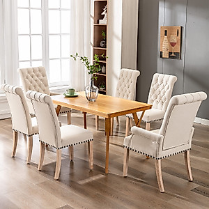 Restworld Dining Room Chairs with Arms,Tufted Upholstered High Back Nailed Trim with Untique Oak Wood Legs for Kitchen Restaurant Room Bedroom (Beige)