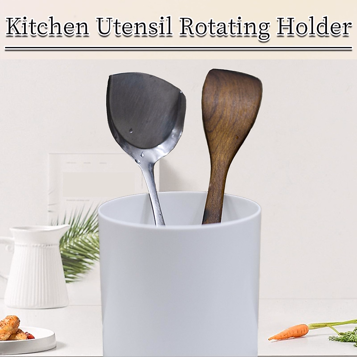 CrafArcher Large Kitchen Utensil Holder, 360° Rotating Plastic Utensil Caddy, Kitchen Countertop Utensil Kitchen Tools and Gadgets Organizer White 5.7" D x 6.5" H