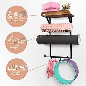 DOCMON Yoga Mat Holder Wall Mount,17" x 28" Yoga Mat Rack Home Gym Accessories, Storage for Foam Roller, with Wood Floating Shelves and 5 Hooks for Hanging Yoga Strap and Resistance Bands