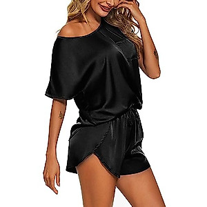 Ekouaer Short Pajamas for Women Silky Sleepwear Set Shorts Satin Nightwear Pyjamas Black M