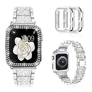 Mosonio Compatible with Apple Watch Band Series 9/8/7 45mm with Case Women, Jewelry Replacement Metal Wristband Strap with 2 Pack Bling PC Protective Cover for iWatch 45mm Series 9/8/7(Silver)